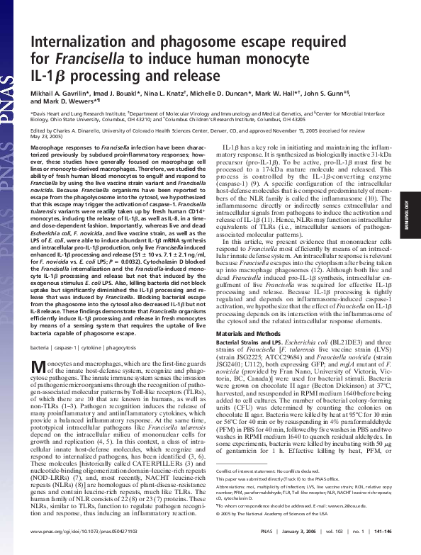 (PDF) Internalization and phagosome escape required for Francisella to ...