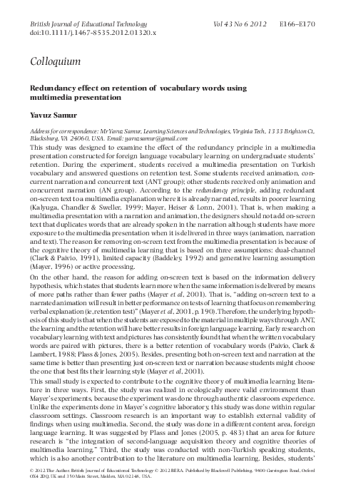 (PDF) Redundancy effect on retention of vocabulary words using multimedia presentation_ 1320 166 ...