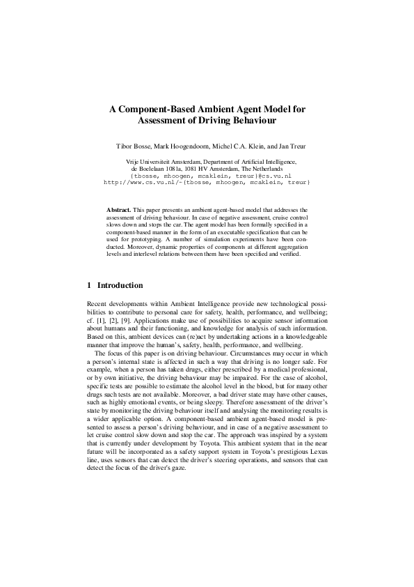 (PDF) A Component-Based Ambient Agent Model for Assessment of Driving Behaviour