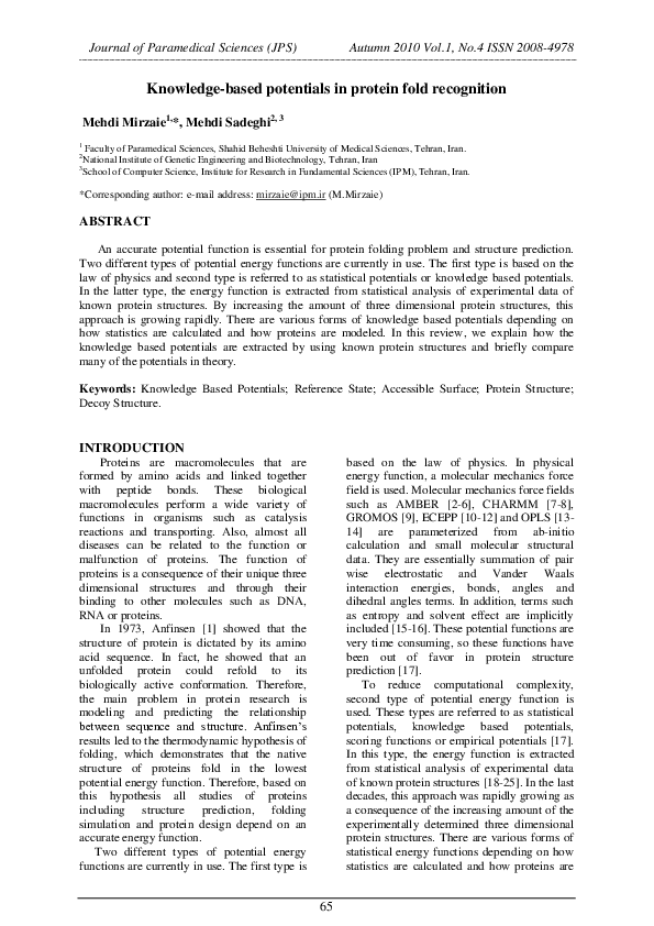 (PDF) Knowledge-based potentials in protein fold recognition