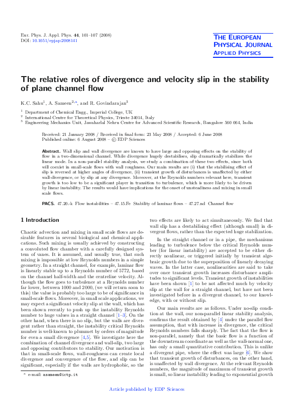 (PDF) The relative roles of divergence and velocity slip in the stability of plane channel flow