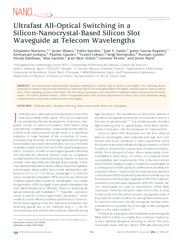 (PDF) Ultrafast All-Optical Switching in a Silicon-Nanocrystal-Based Silicon Slot Waveguide at ...