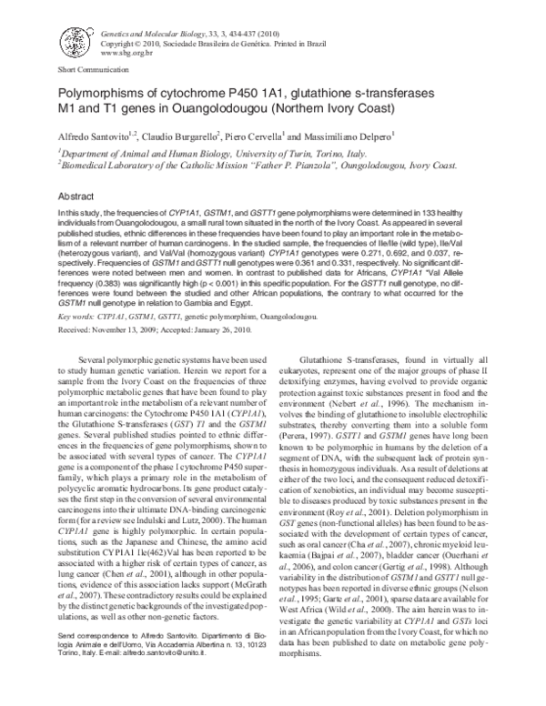 (PDF) Polymorphisms of cytochrome P450 1A1, glutathione s-transferases M1 and T1 genes in ...
