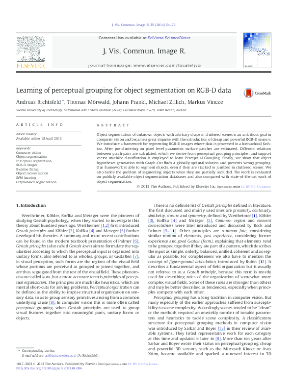 Pdf Learning Of Perceptual Grouping For Object Segmentation On Rgb D Data