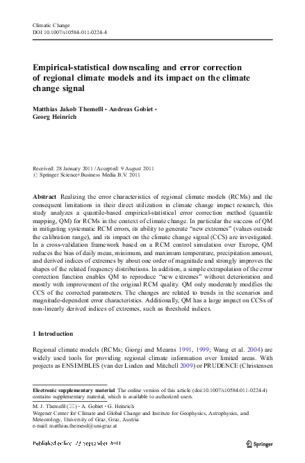 Pdf Empirical Statistical Downscaling And Error Correction Of Regional Climate Models And Its