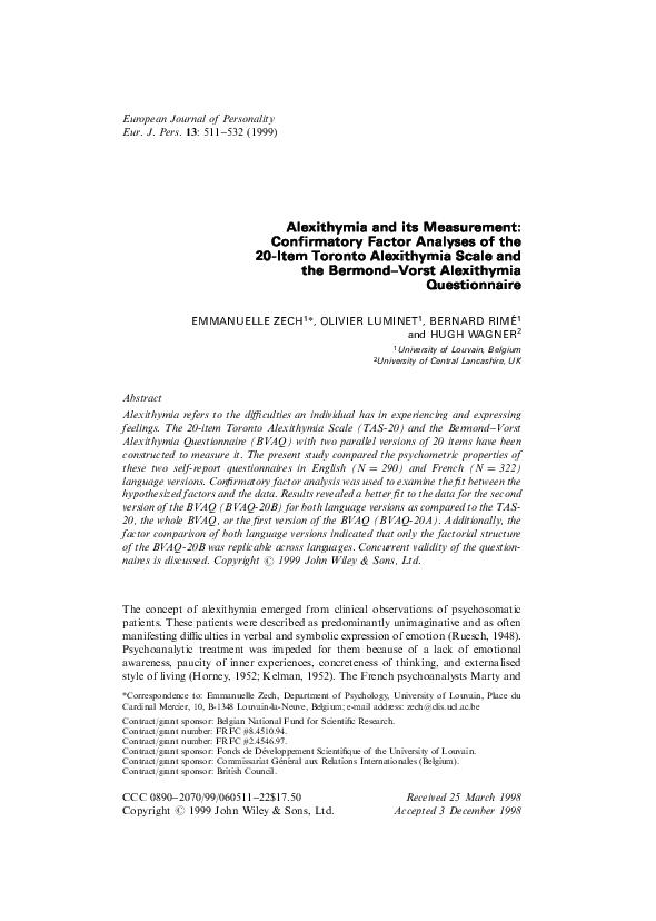 (PDF) Alexithymia and its measurement: confirmatory factor analyses of ...
