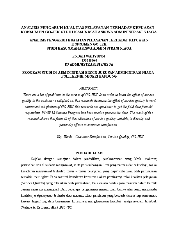 (DOC) ANALISIS PENGARUH KUALITAS PELAYANAN TERHADAP KEPUASAN KONSUMEN GO-JEK STUDI KASUS ...