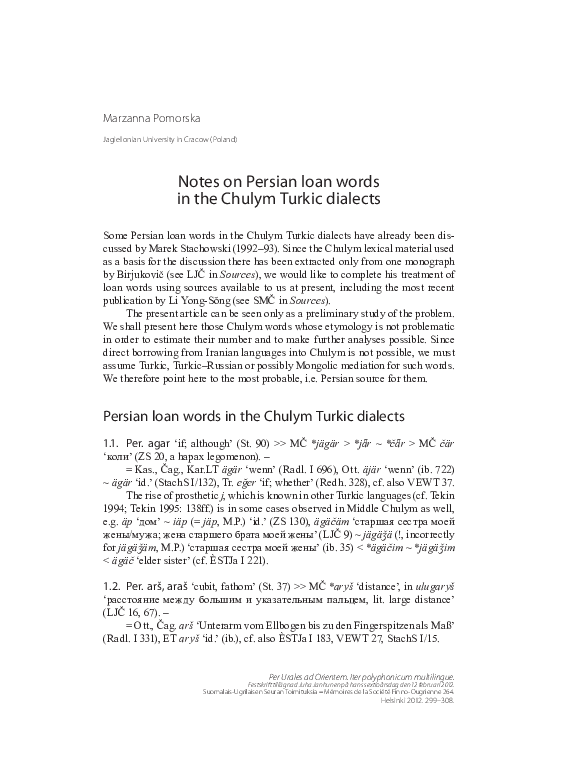 (PDF) Notes on Persian loan words in the Chulym Turkic dialects
