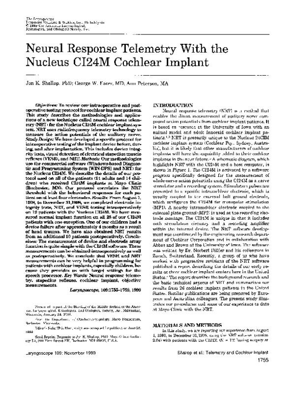 (PDF) Neural Response Telemetry With the Nucleus CI24M Cochlear Implant