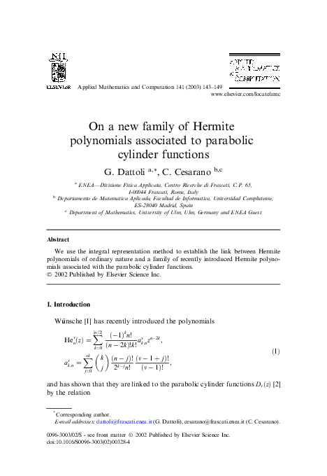 (PDF) On a new family of Hermite polynomials associated to parabolic cylinder functions