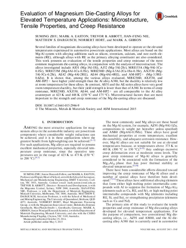 (PDF) Evaluation of Magnesium Die-Casting Alloys for Elevated Temperature Applications ...