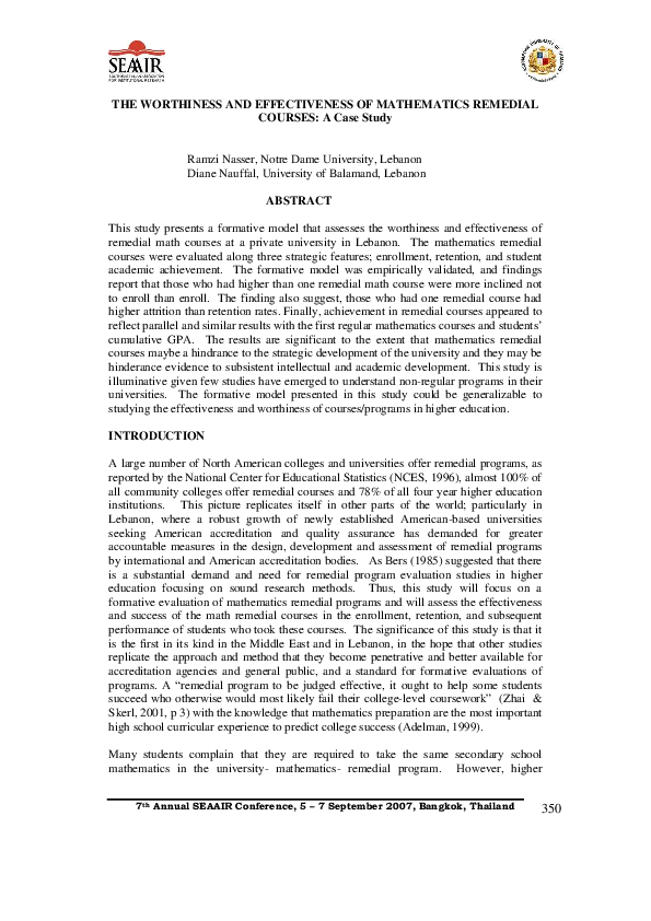 (PDF) THE WORTHINESS AND EFFECTIVENESS OF MATHEMATICS REMEDIAL COURSES ...