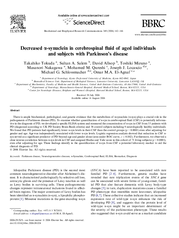 (PDF) Decreased α-synuclein in cerebrospinal fluid of aged individuals and subjects with ...