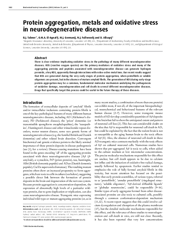(PDF) Protein aggregation, metals and oxidative stress in neurodegenerative diseases