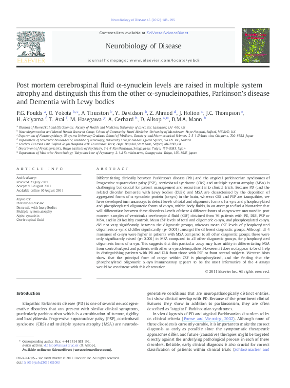 (PDF) Post mortem cerebrospinal fluid α-synuclein levels are raised in multiple system atrophy ...