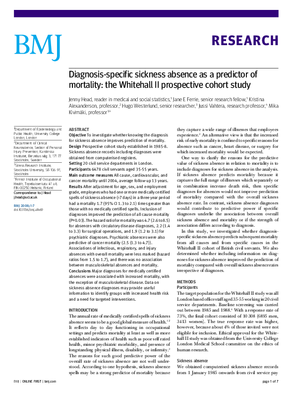 (PDF) Diagnosis-specific sickness absence as a predictor of mortality ...