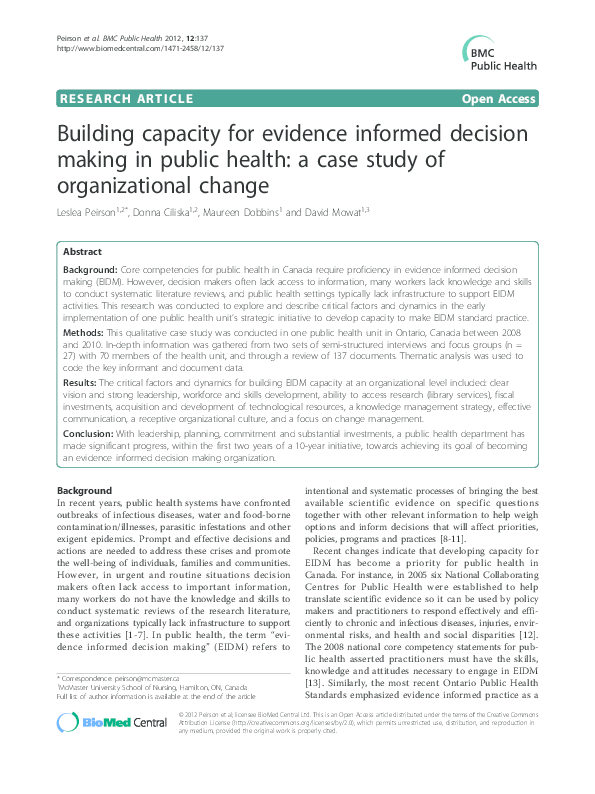 (PDF) Building capacity for evidence informed decision making in public health: a case study of ...
