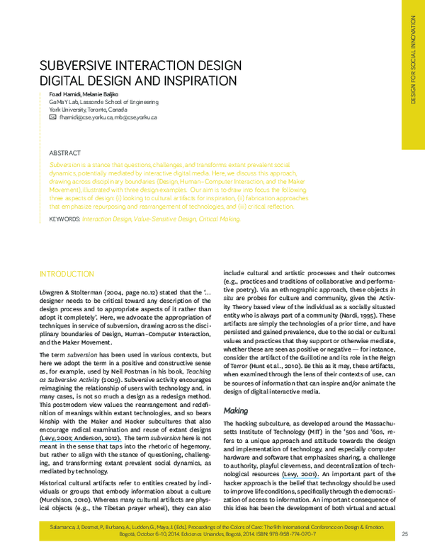 (PDF) Subversive Interaction Design: Inspiration and Design