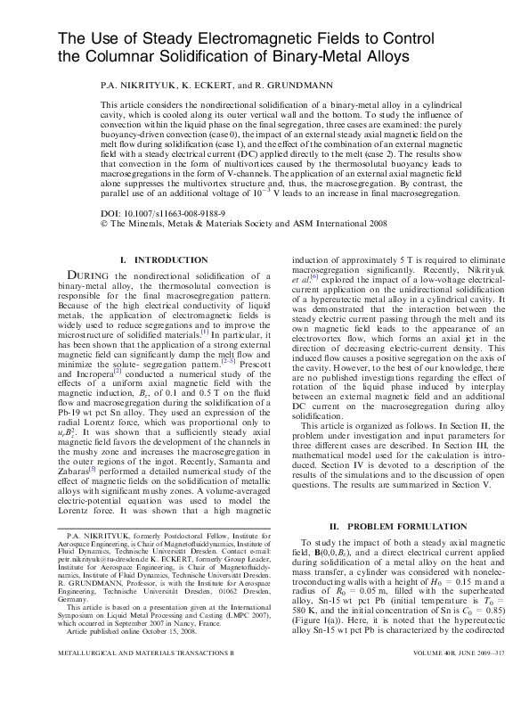 (PDF) The Use of Steady Electromagnetic Fields to Control the Columnar Solidification of Binary ...