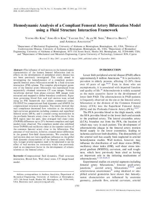 (PDF) Hemodynamic Analysis of a Compliant Femoral Artery Bifurcation Model using a Fluid ...