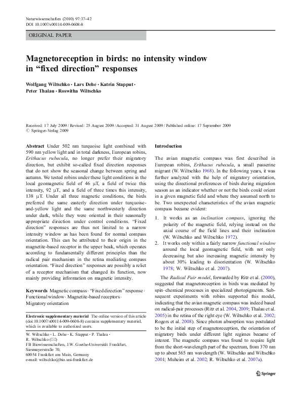 (PDF) Magnetoreception in birds: no intensity window in “fixed ...