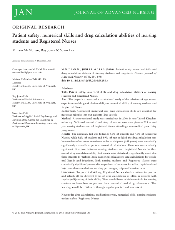 (PDF) Patient safety: numerical skills and drug calculation abilities ...