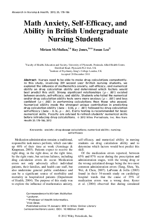 (PDF) Math anxiety, self-efficacy, and ability in British undergraduate nursing students