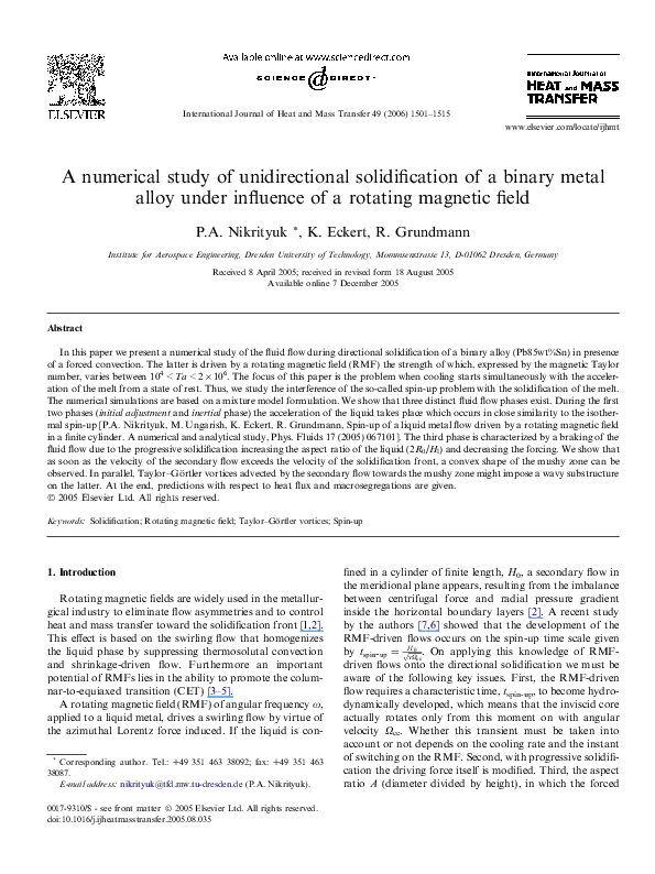 (PDF) A numerical study of unidirectional solidification of a binary metal alloy under influence ...