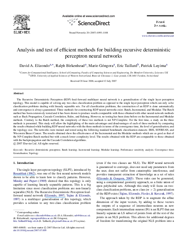 Pdf Analysis And Test Of Efficient Methods For Building Recursive Deterministic Perceptron