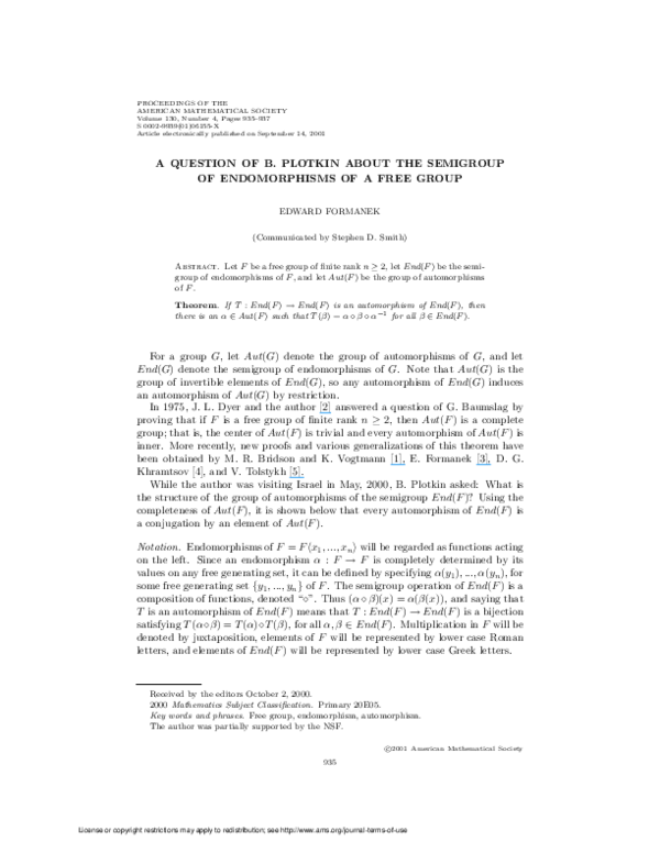 (PDF) A Question of B. Plotkin About the Semigroup of Endomorphisms of a Free Group