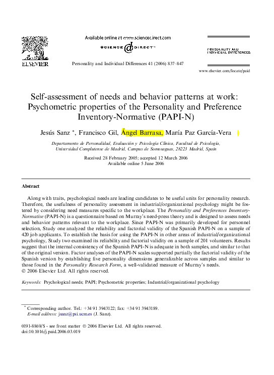 (PDF) Self-assessment of needs and behavior patterns at work ...