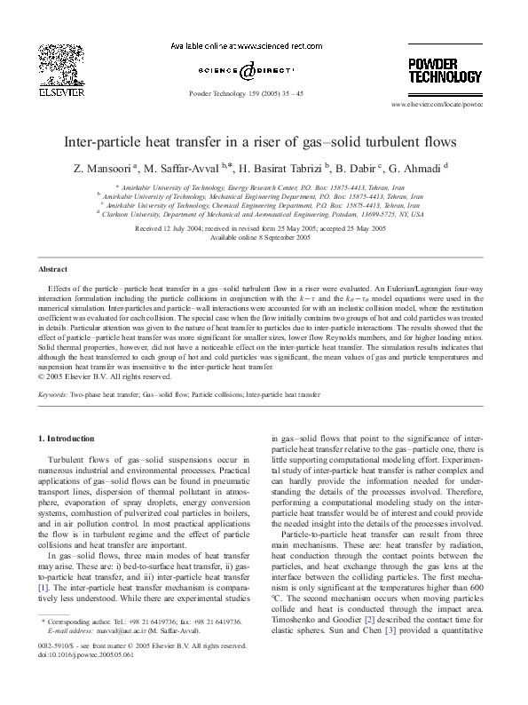 (PDF) Inter-particle heat transfer in a riser of gas–solid turbulent flows