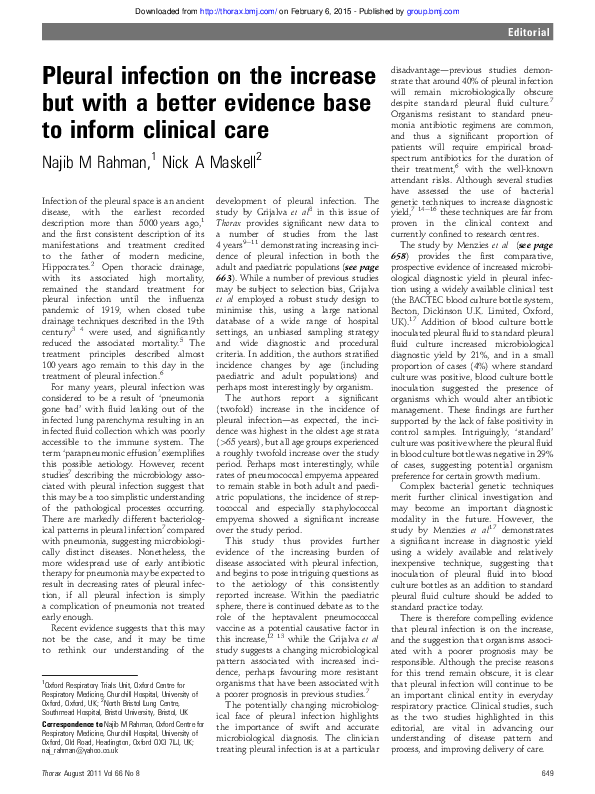 (PDF) Pleural infection on the increase but with a better evidence base ...