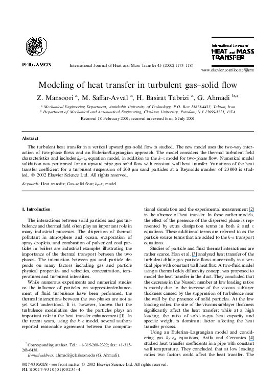 (PDF) Modeling of heat transfer in turbulent gas–solid flow