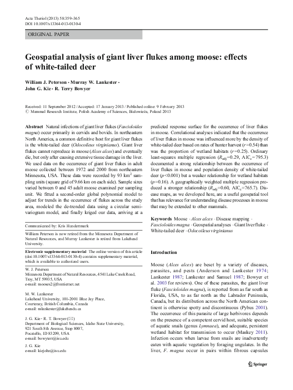 (PDF) Geospatial analysis of giant liver flukes among moose: effects of ...