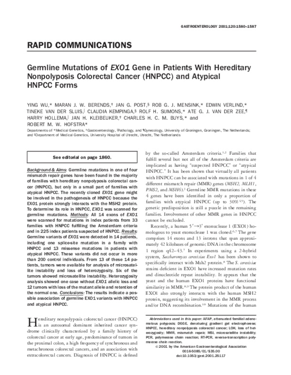 Pdf Germline Mutations Of Exo1 Gene In Patients With Hereditary