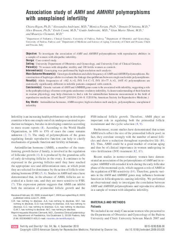 (PDF) Association study of AMH and AMHRII polymorphisms with unexplained infertility