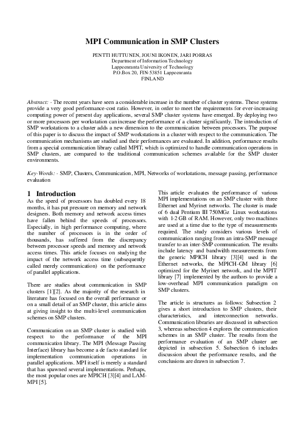 (PDF) MPI communication in SMP clusters | Jari Porras - Academia.edu