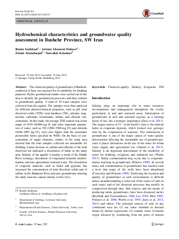 (PDF) Hydrochemical characteristics and groundwater quality assessment in Bushehr Province, SW Iran