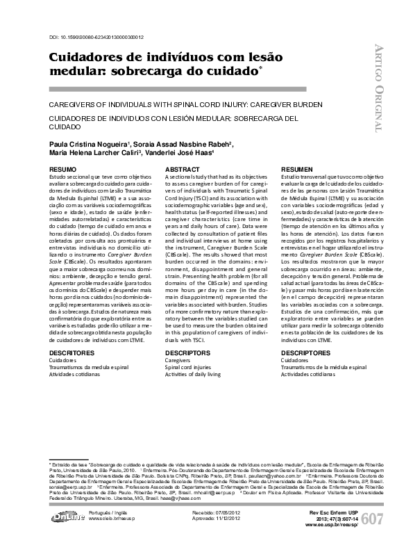 (PDF) Cuidadores de indivíduos com lesão medular: sobrecarga do cuidado