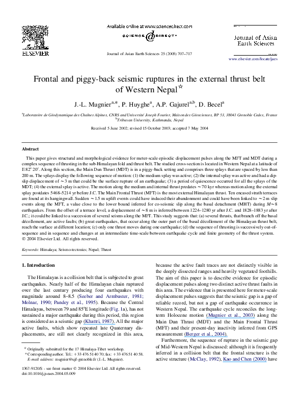 (PDF) Frontal and piggy-back seismic ruptures in the external thrust ...