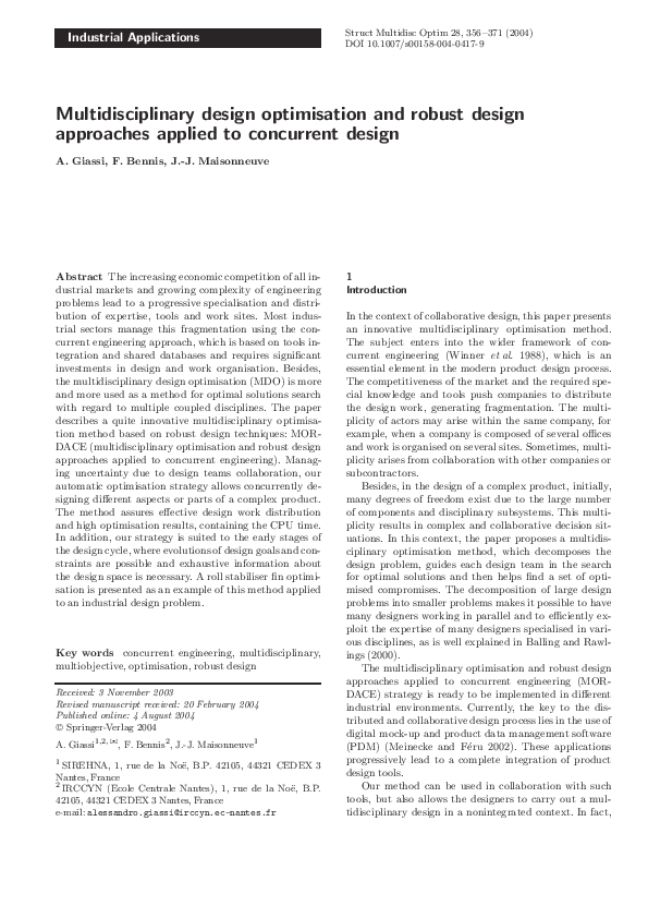 Pdf Multidisciplinary Design Optimisation And Robust Design Approaches Applied To Concurrent