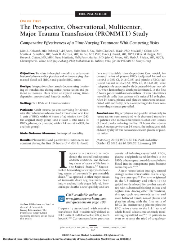 (PDF) The prospective, observational, multicenter, major trauma transfusion (PROMMTT) study ...