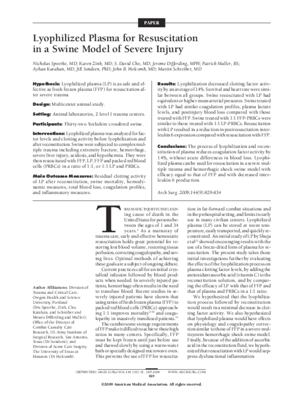 (PDF) Lyophilized Plasma for Resuscitation in a Swine Model of Severe ...
