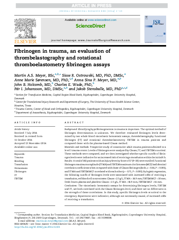 (PDF) Fibrinogen in trauma, an evaluation of thrombelastography and ...