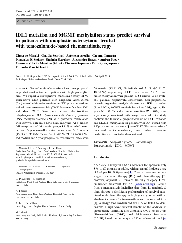 (PDF) IDH1 mutation and MGMT methylation status predict survival in patients with anaplastic ...