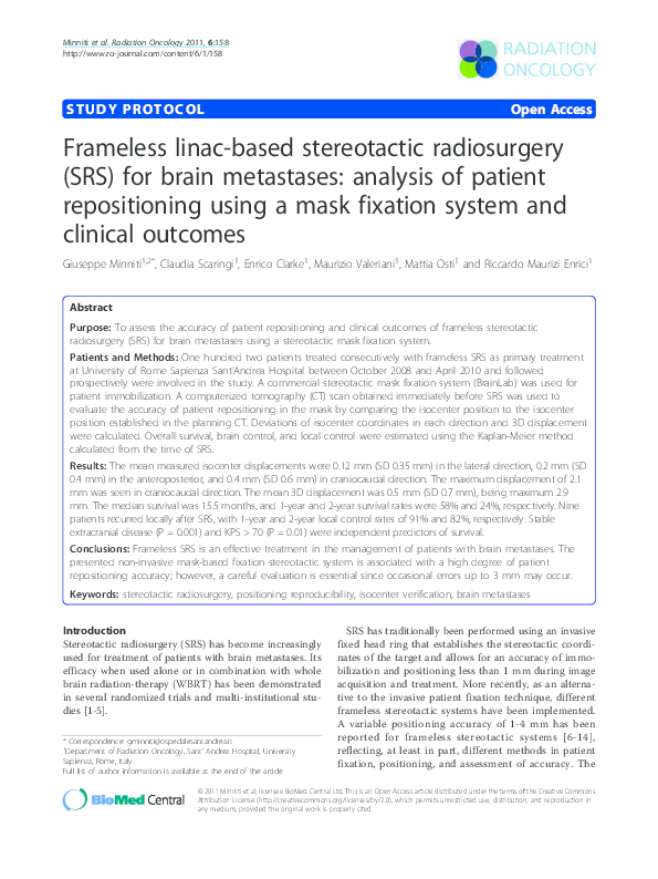 (PDF) Frameless linac-based stereotactic radiosurgery (SRS) for brain metastases: analysis of ...