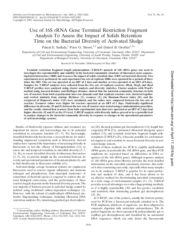 Pdf Use Of 16s Rrna Gene Terminal Restriction Fragment Analysis To Assess The Impact Of Solids