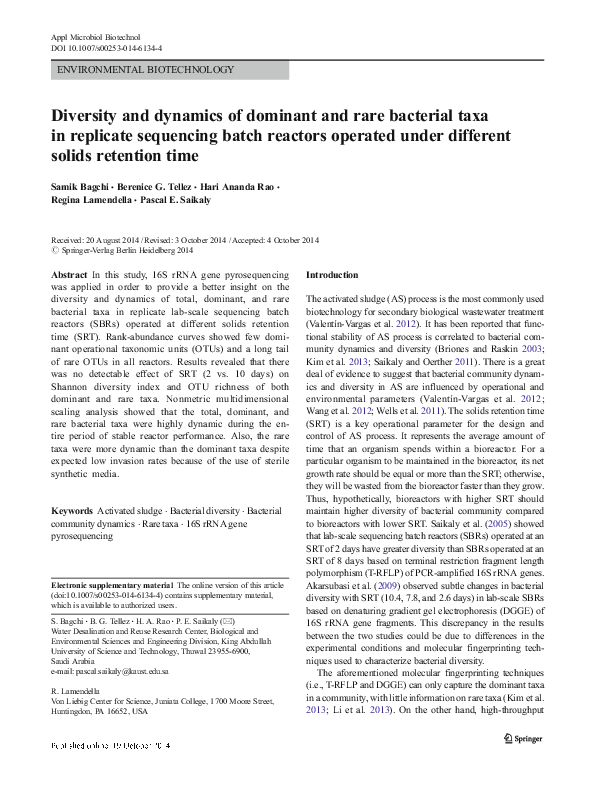 (PDF) Diversity and dynamics of dominant and rare bacterial taxa in ...