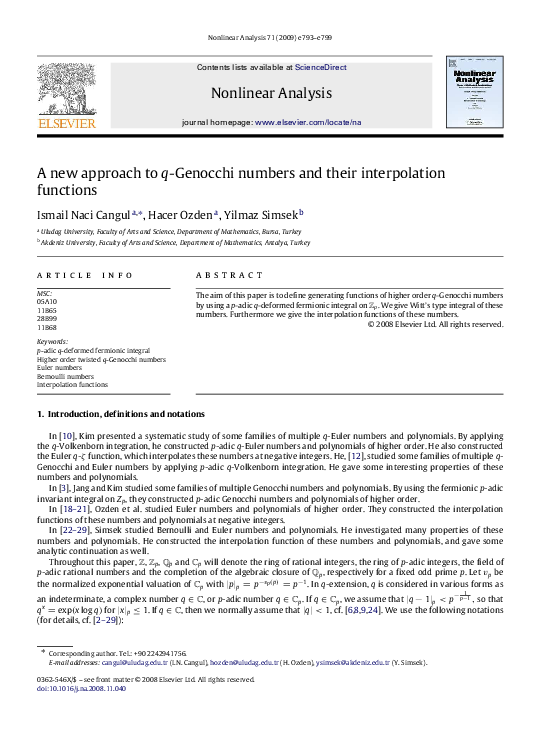 (PDF) A new approach to q-Genocchi numbers and their interpolation functions